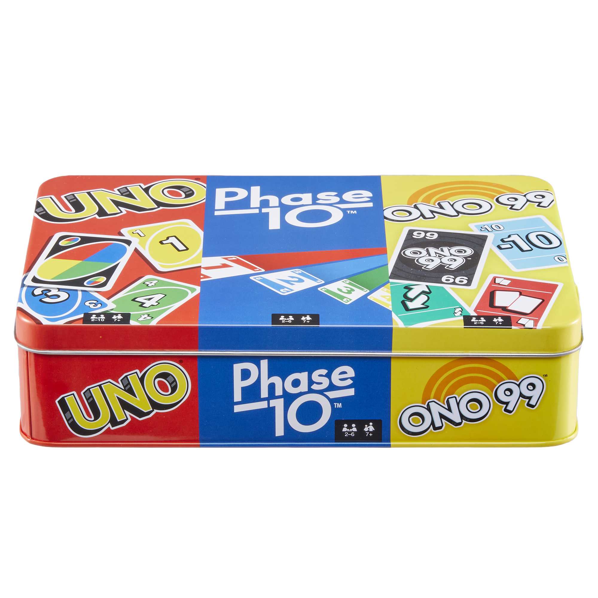3 Card Game Bundle in Storage Tin: UNO, Phase 10, Ono 99 | Mattel
