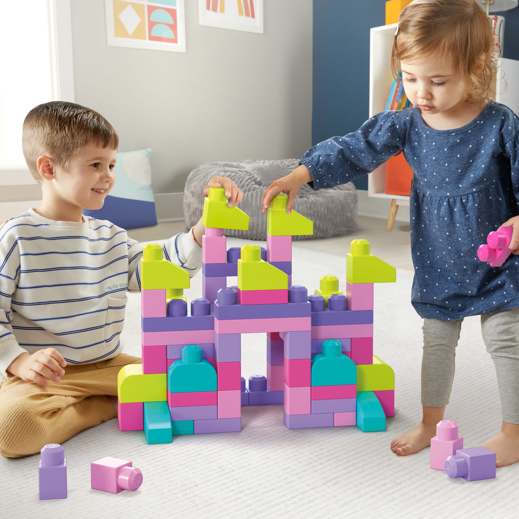 MEGA BLOKS Fisher Price Toy Blocks Pink Big Building Bag with Storage 80 Pieces for Toddler Mattel