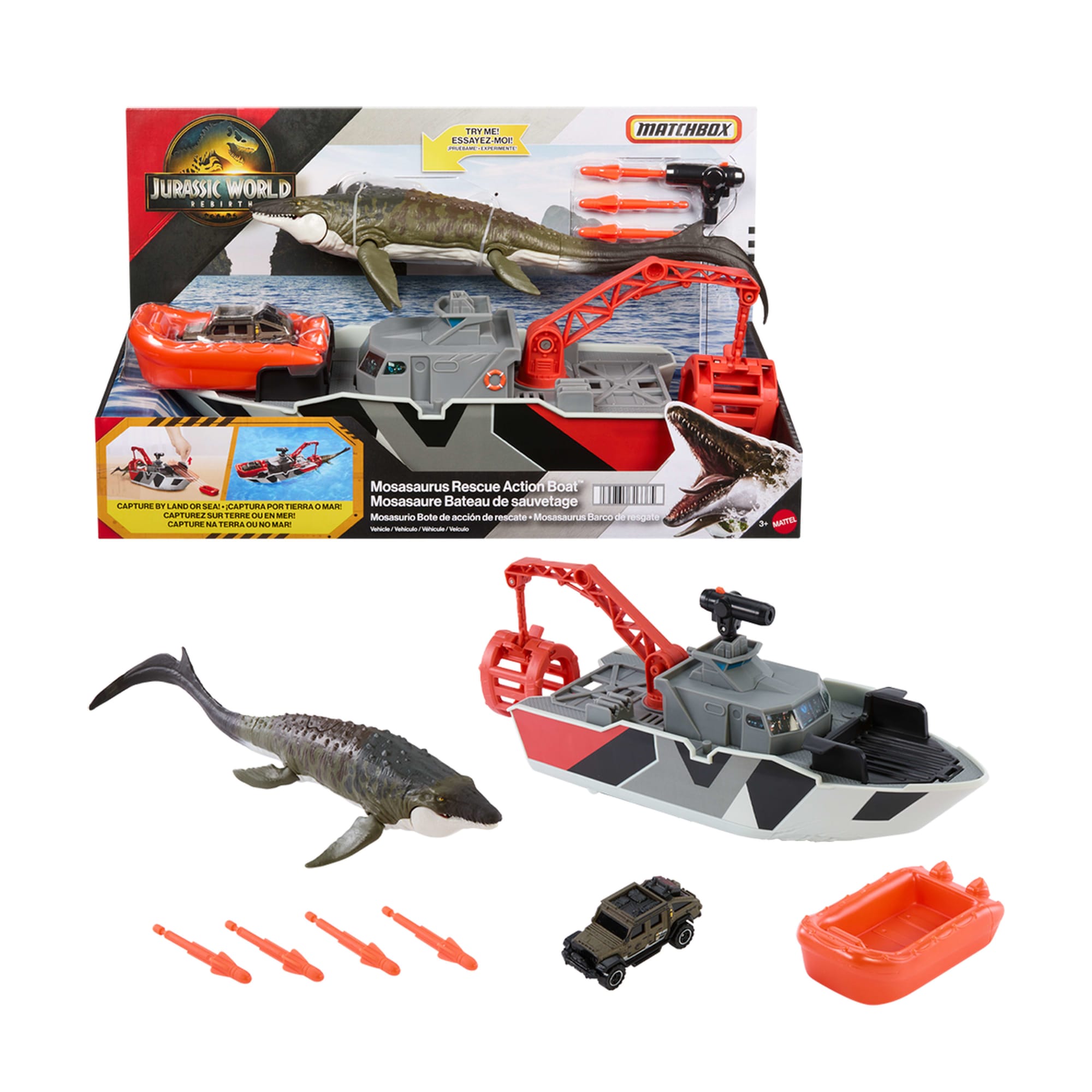 Matchbox Jurassic World Mosasaurus Rescue Action Boat | Mattel