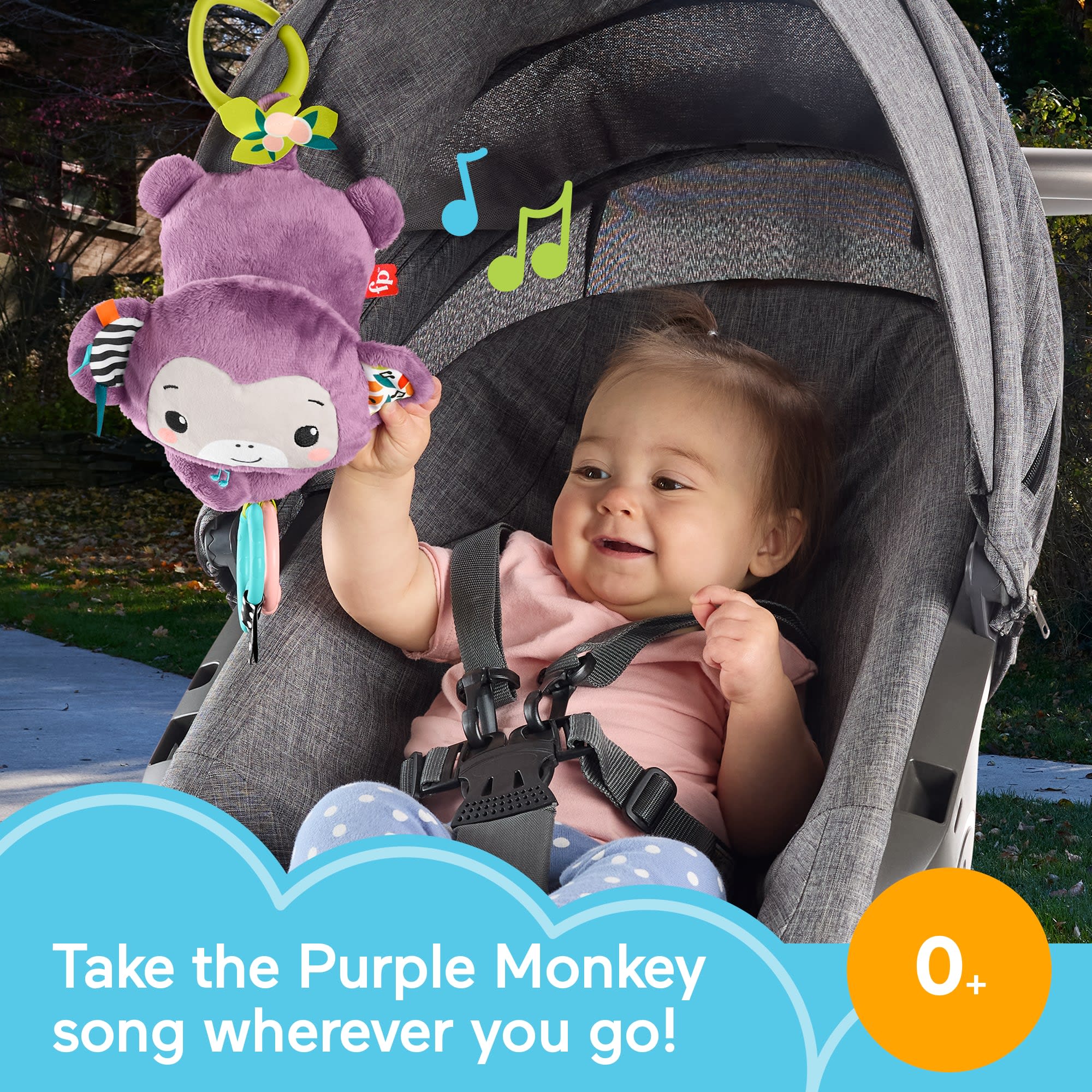 Fisher-Price Sing & Go Purple Monkey Plush Baby Stroller Sensory Toy ...