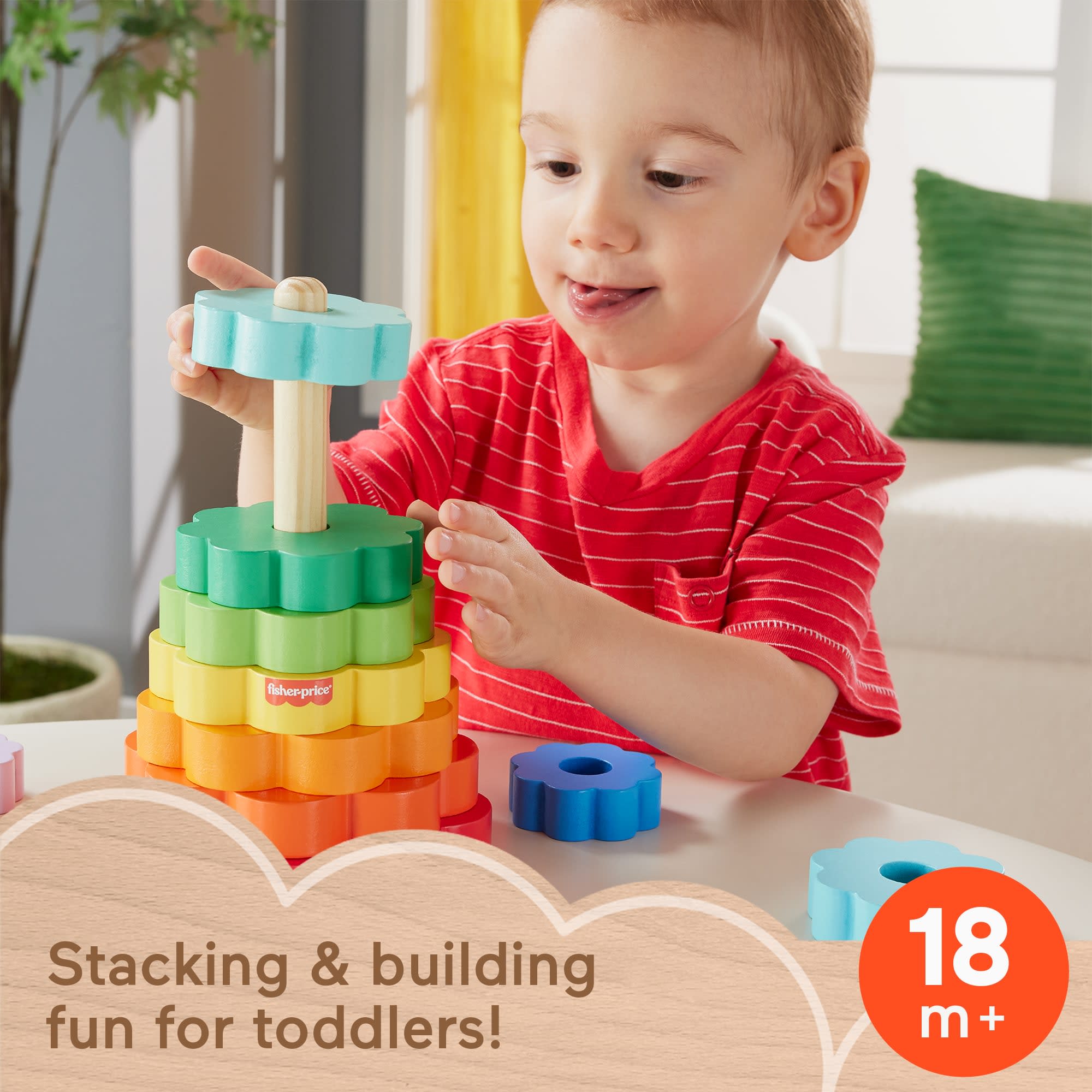 Fisher-Price Wooden Ring Stacker Toddler Fine Motor Toy, 10 Wood Pieces ...