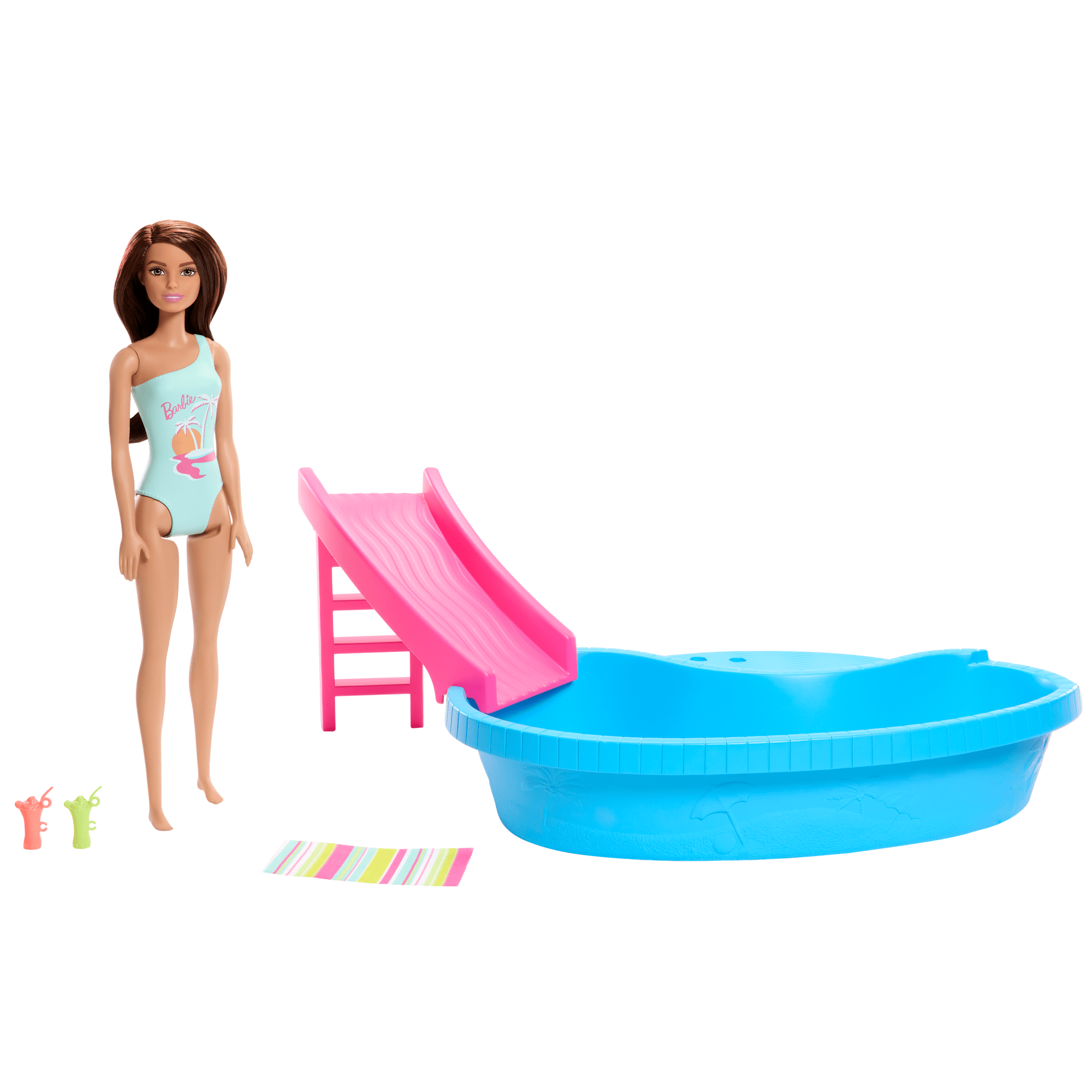Barbie Doll and Pool Playset, Brunette with Pool, Slide, Towel and ...